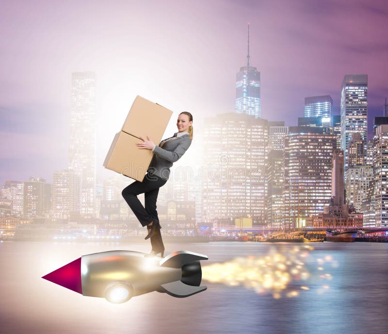 Woman Flying Rocket and Delivering Boxes Stock Photo - Image of mailman ...