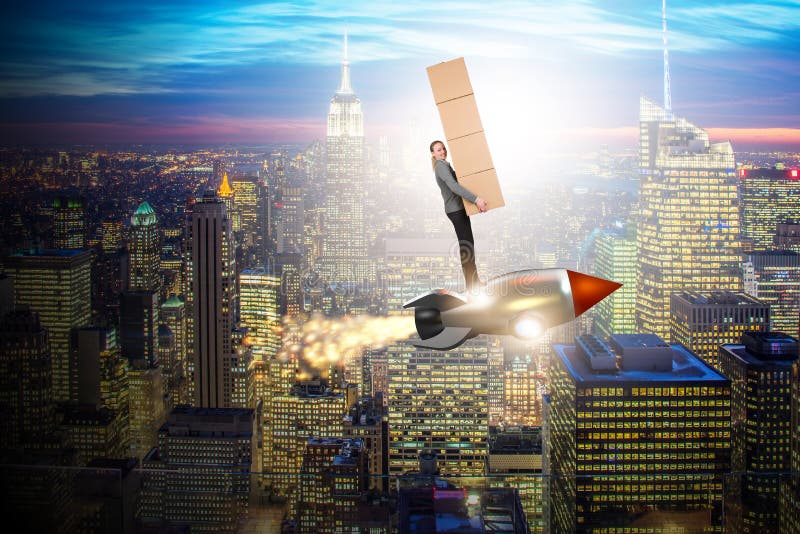 The Woman Flying Rocket and Delivering Boxes Stock Photo - Image of ...