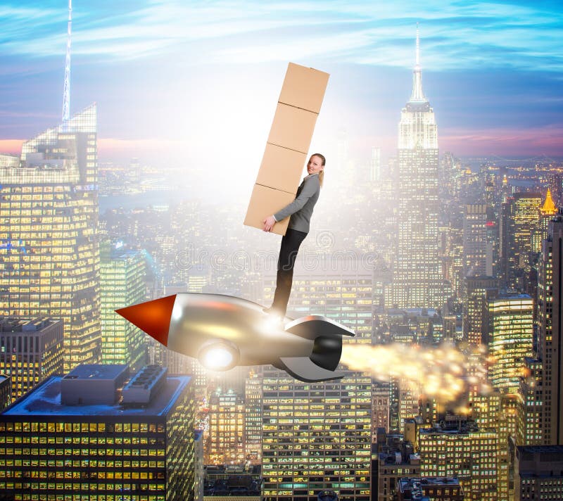 Woman Flying Rocket and Delivering Boxes Stock Image - Image of ...