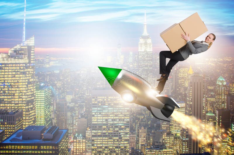 Woman Flying Rocket and Delivering Boxes Stock Image - Image of mailman ...