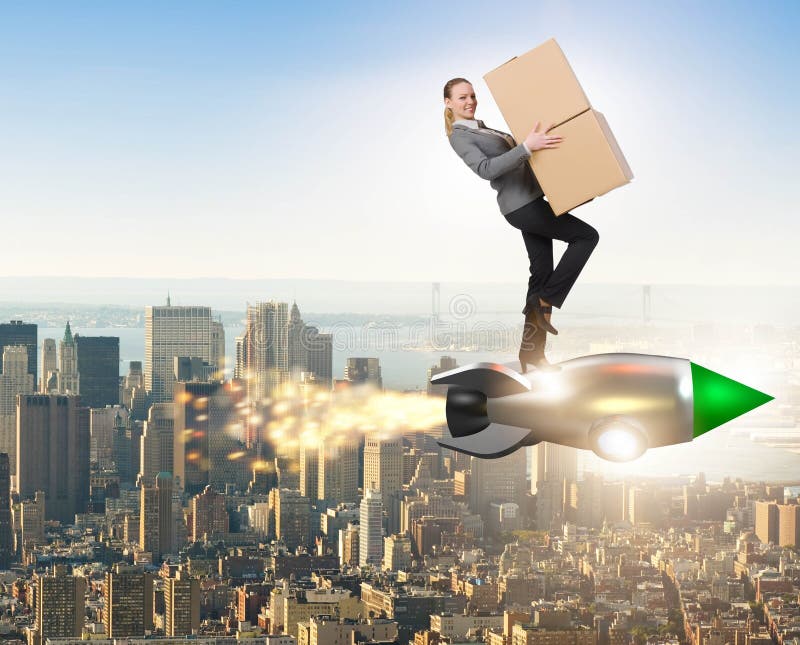 Woman Flying Rocket and Delivering Boxes Stock Photo - Image of ...