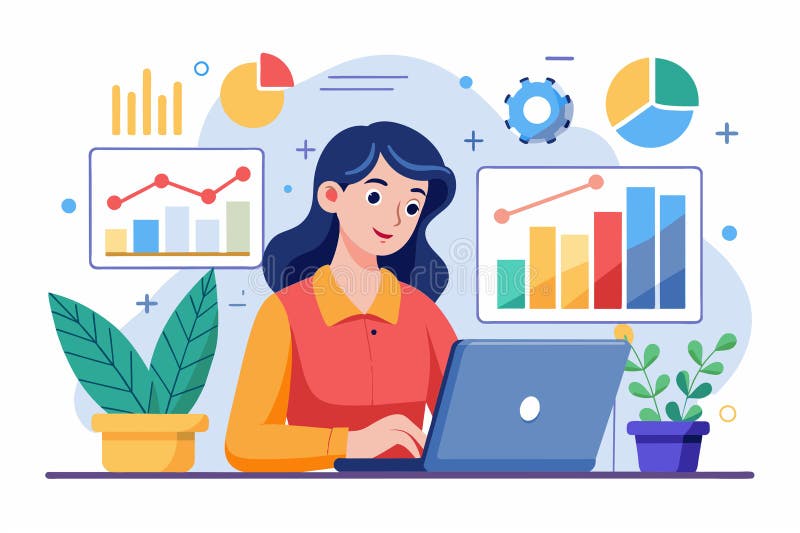 A Woman Focuses on Her Laptop, Studying Digital Data Charts and Graphs ...