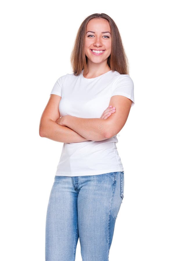 Woman With Folded Hands Posing Stock Image - Image of shirt, isolated ...