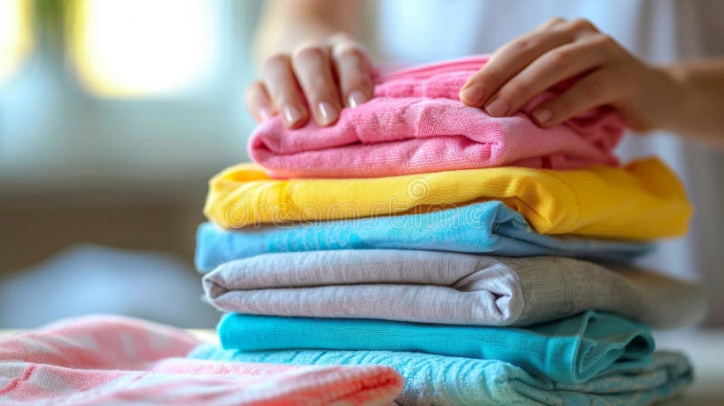 A Woman is Folding Clothes on a Table with Some Folded, AI Stock Photo ...