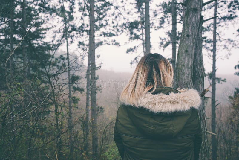 Woman in Forest Back View stock photo. Image of outdoors - 108067506