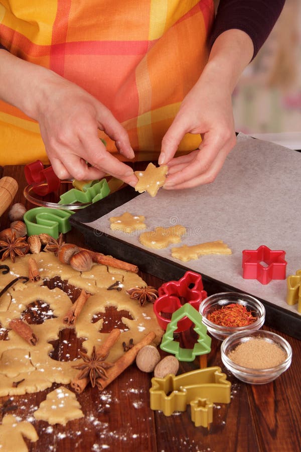 Woman Lays Biscuits for Baking on Baking Tray, on Table Stock Photo ...