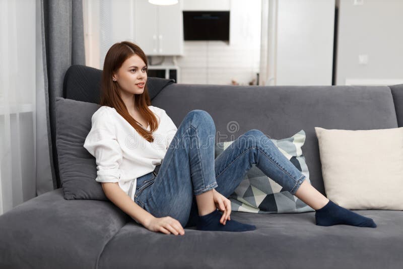 Woman in Free Time Resting on the Couch Home Stock Photo - Image of ...