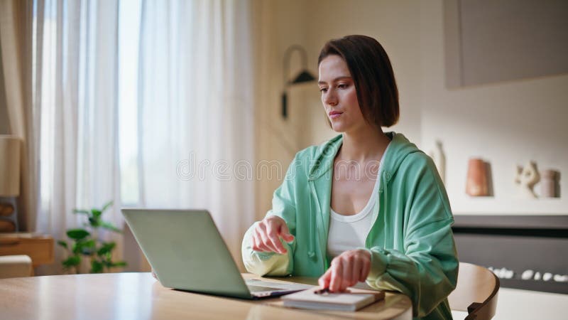 Woman Freelancer Start Work Laptop Sitting Apartment Table Notebook ...