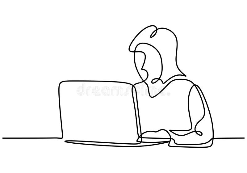 Woman in Front of Laptop Computer in One Continuous Line Drawing Style ...