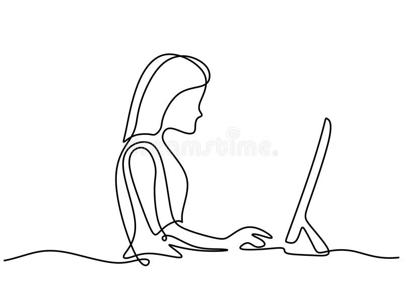 Woman in Front of Laptop Computer in One Continuous Line Drawing Style ...