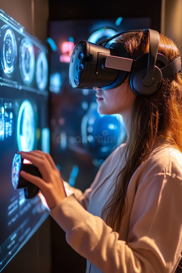 Woman Fully Immersed in Virtual Reality, Skillfully Engaging with a ...