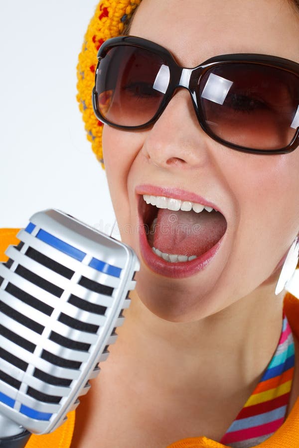 Woman Funky Singer with Microphone Stock Photo - Image of mouth, happy ...