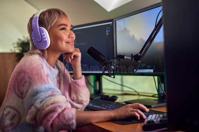 Woman Gaming at Home Sitting at Desk with Multiple Monitors Stock Photo ...