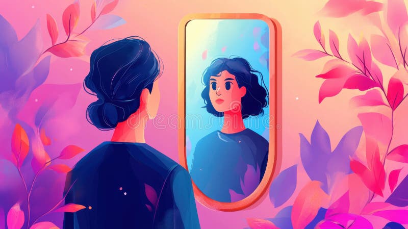 Woman Gazing at Her Reflection in a Mirror in a Softly Lit Room with a ...