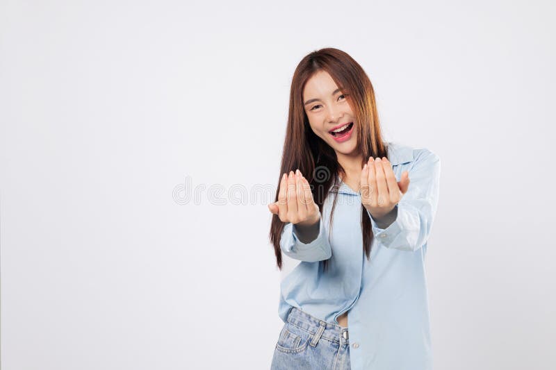 Woman Gestures Come Here with Open Palm, Second Woman Inviting with Cheerful Stock Image - Image ...