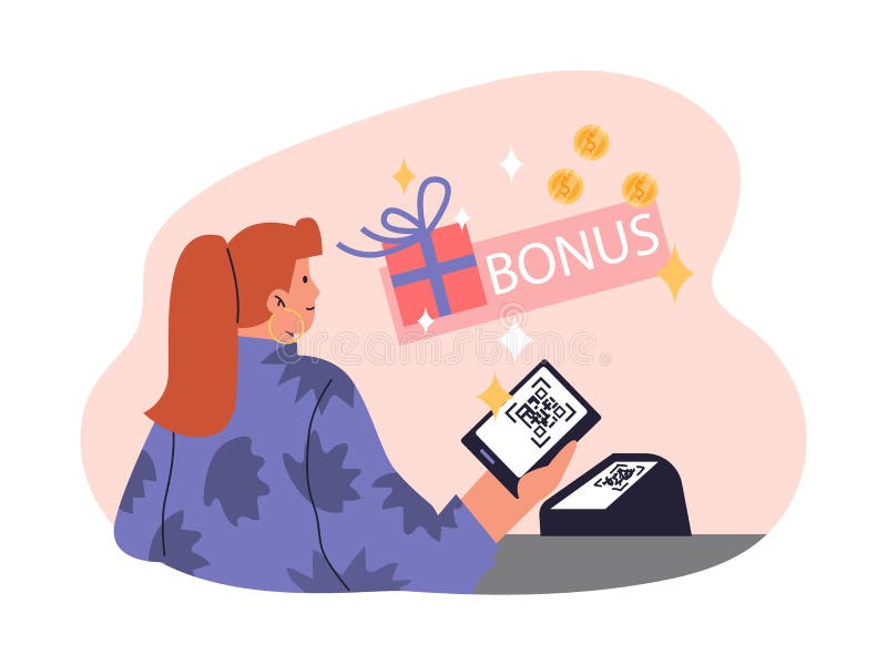 Woman Getting Bonus for Using QR Code Mobile Payment System Flat Vector ...