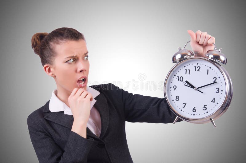 Woman with Giant Clock on White Stock Photo - Image of overdue ...