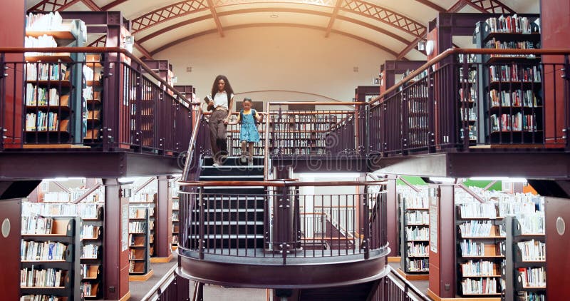 Woman, Girl and Library Stairs with Walk for Information, Learning or ...