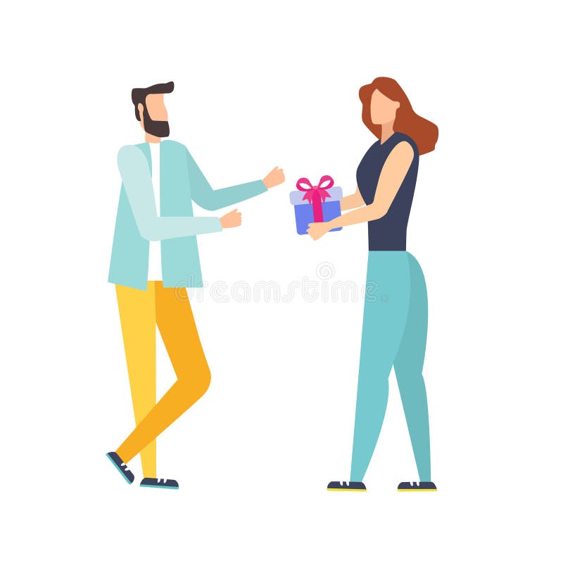 Woman Gives a Man a Gift, an Unexpected Gift, Vector Illustration Stock ...
