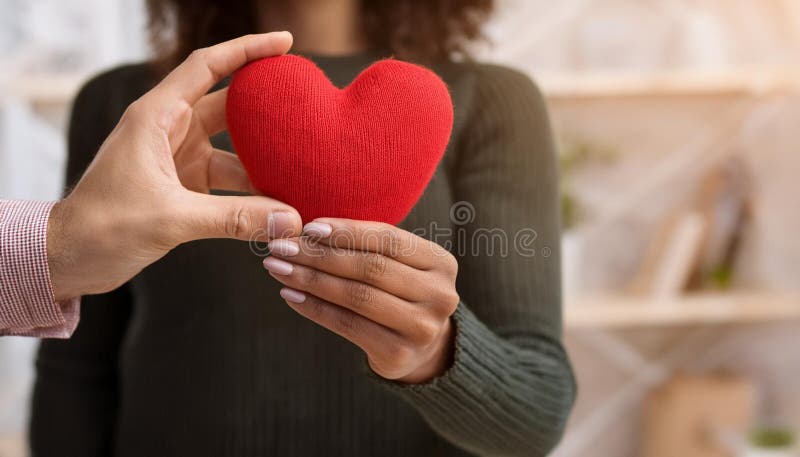 Woman Giving Heart on Man S Hand Stock Illustration - Illustration of ...