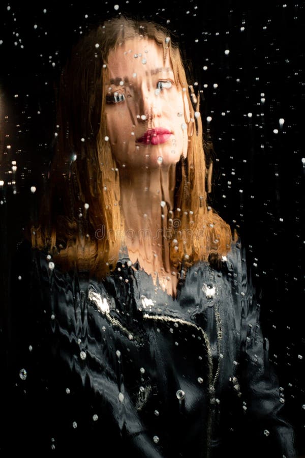 Woman Glass Reflection in a Mirror with Drops of Water Stock Photo ...