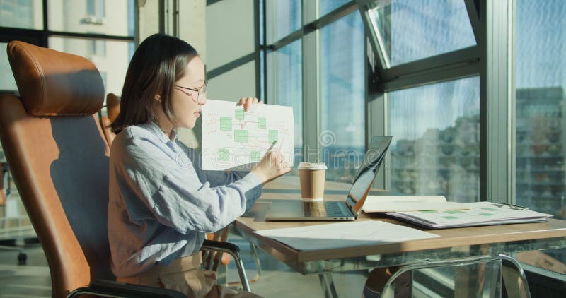A Professional Woman Presenting a Data Flow Diagram during a Virtual ...