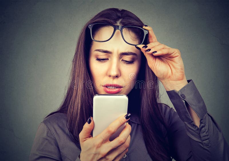 Woman Glasses Having Trouble Seeing Cell Phone Has Vision Problems ...