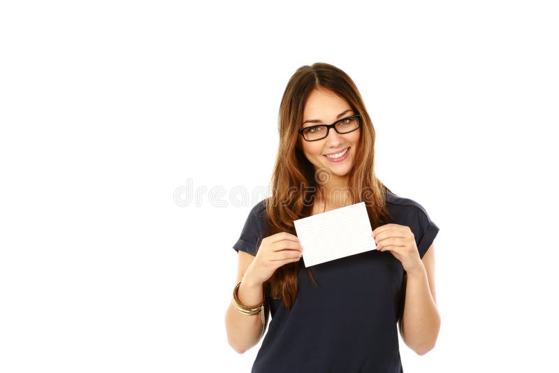 Woman in Glasses Holding Note Card Stock Photo - Image of model, alone ...