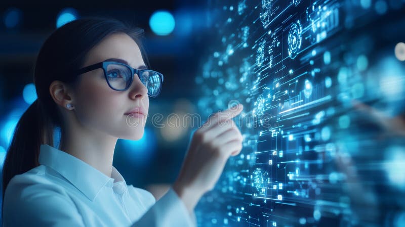 A Woman with Glasses Interacting with a Futuristic Digital Interface ...