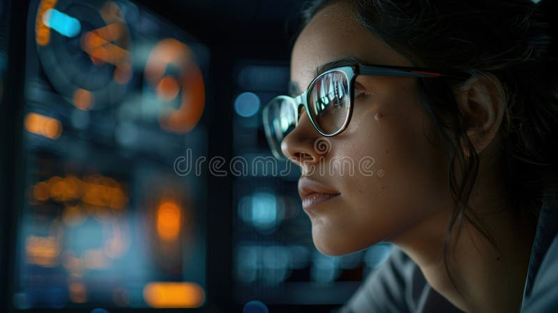 Woman in Glasses Looking at a Computer Screen Stock Illustration ...
