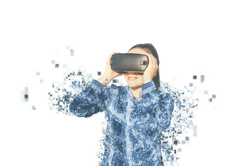 The Woman with Glasses of Virtual Reality. Fragmented by Pixels. Stock ...