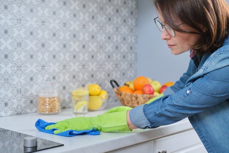 Woman in Gloves with Rag Cleans Kitchen Worktop Stock Image - Image of ...