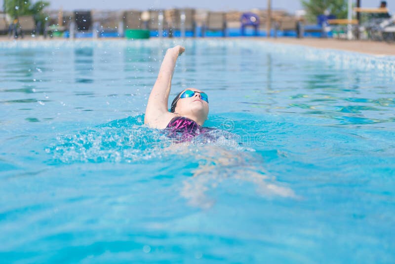 Woman in Goggles Swimming Back Crawl Style Stock Image - Image of ...