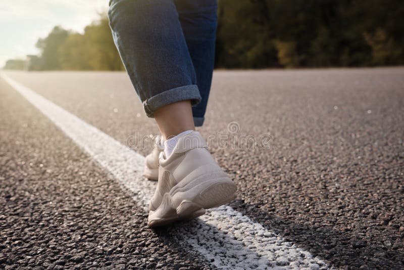 Woman Going Along Road, Closeup of Legs Stock Photo - Image of autostop ...