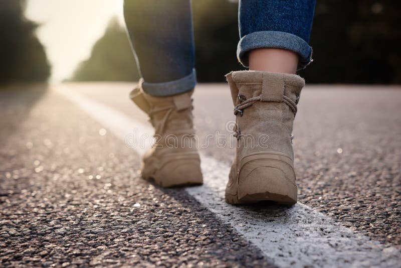 Woman Going Along Road, Closeup of Legs Stock Photo - Image of leisure ...