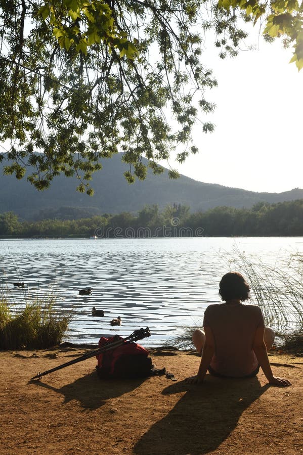 Woman Going on Excursion and Contemplating the Sunset Stock Photo ...