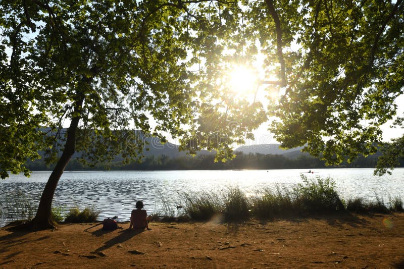 Woman Going on Excursion and Contemplating the Sunset Stock Photo ...
