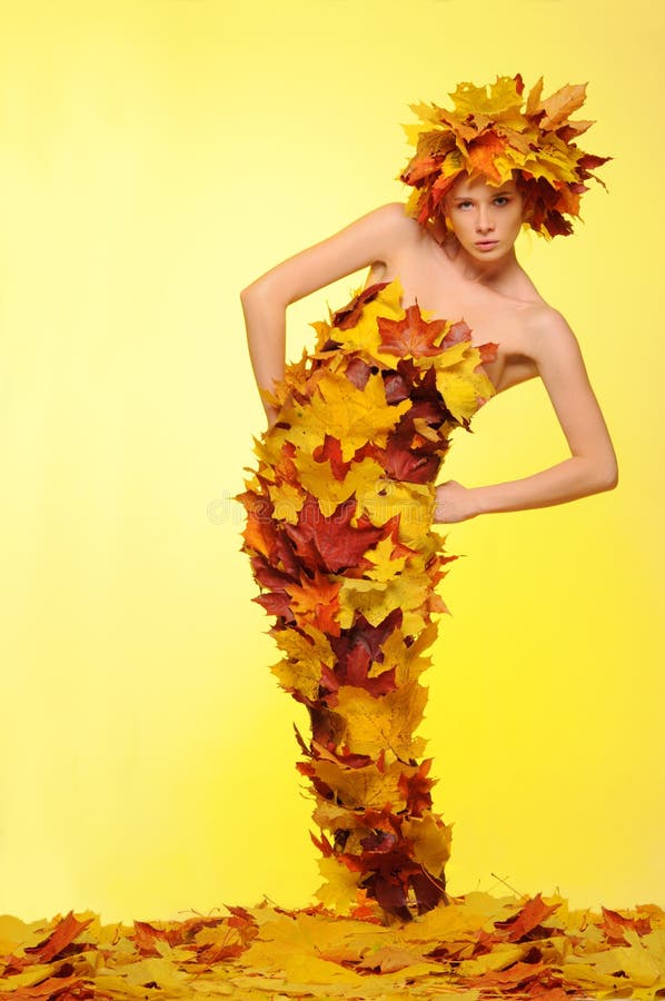 Woman in Gown of Autumn Leaves Stock Image - Image of caucasian ...