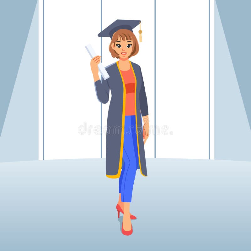 Woman Graduate Students Standing on Stage a Flat Style Vector ...