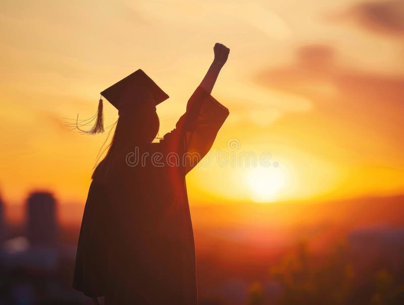 A Woman in a Graduation Cap and Gown is Standing in Front of a Sunset ...