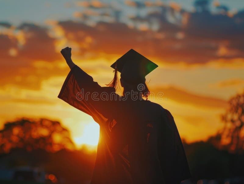 A Woman in a Graduation Cap and Gown is Standing in Front of a Sunset ...