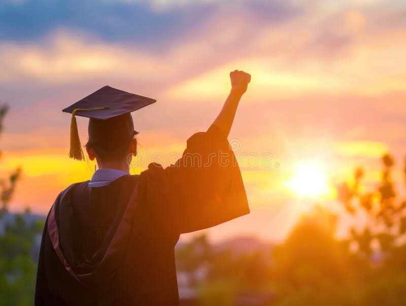 A Woman in a Graduation Cap and Gown is Standing in Front of a Sunset ...