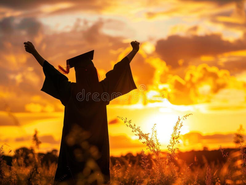 A Woman in a Graduation Cap and Gown is Standing in Front of a Sunset ...