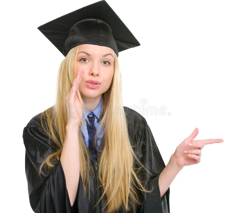 Woman in Graduation Gown Pointing on Copy Space Stock Image - Image of ...