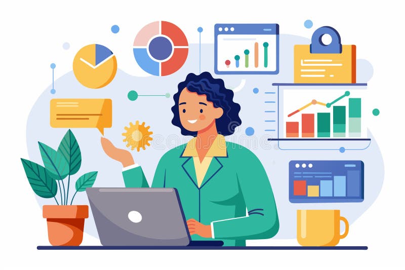 A Woman in a Green Jacket Analyzes Business Metrics on a Laptop Surrounded by Charts and Graphs ...