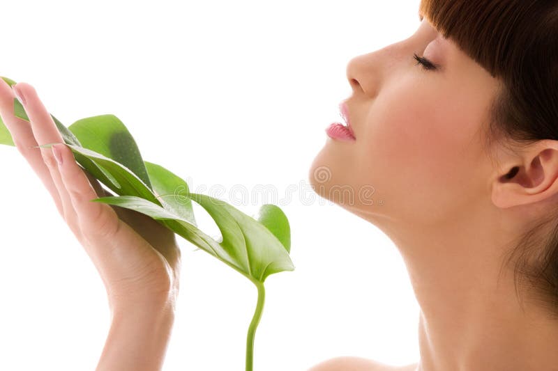 Woman with green leaf stock photo. Image of female, natural - 41474538
