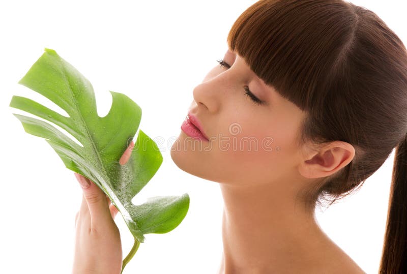 Woman with green leaf stock image. Image of living, clean - 42164827
