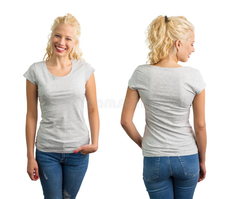 Woman in Grey Round Neck T-shirt Stock Photo - Image of neck, frontside ...