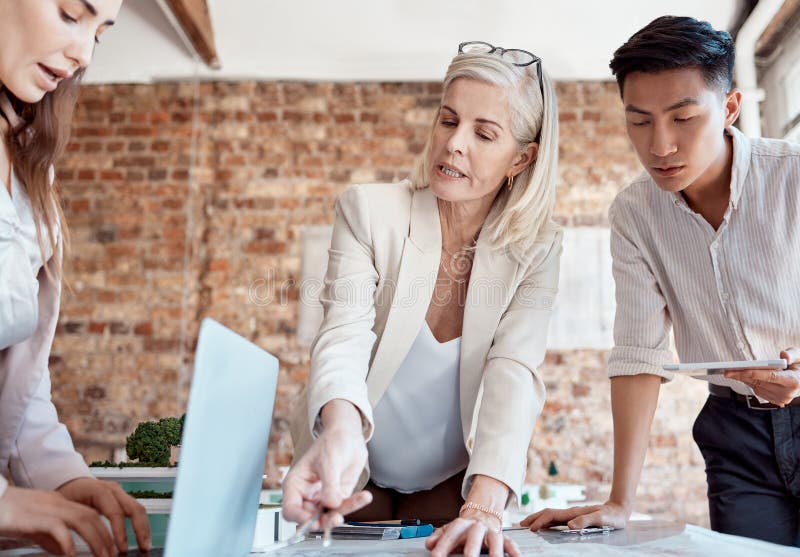 Woman, Group and Architect with Documents, Office and Circle for Ideas ...