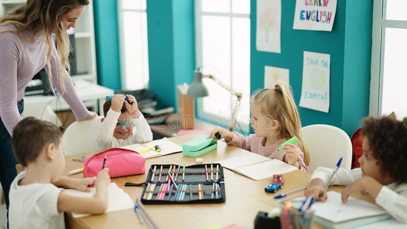 Woman and Group of Kids Having Lesson Sitting on Table at Classroom ...